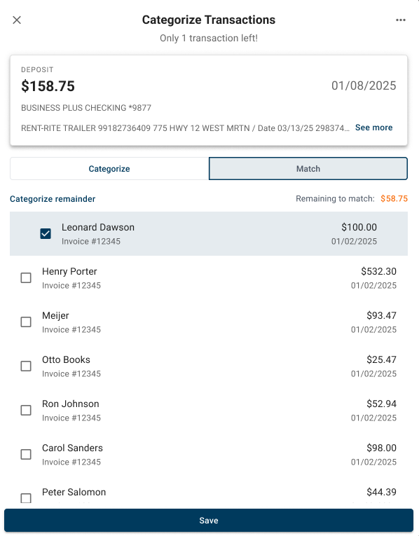 Categorizing an invoice deposit transaction