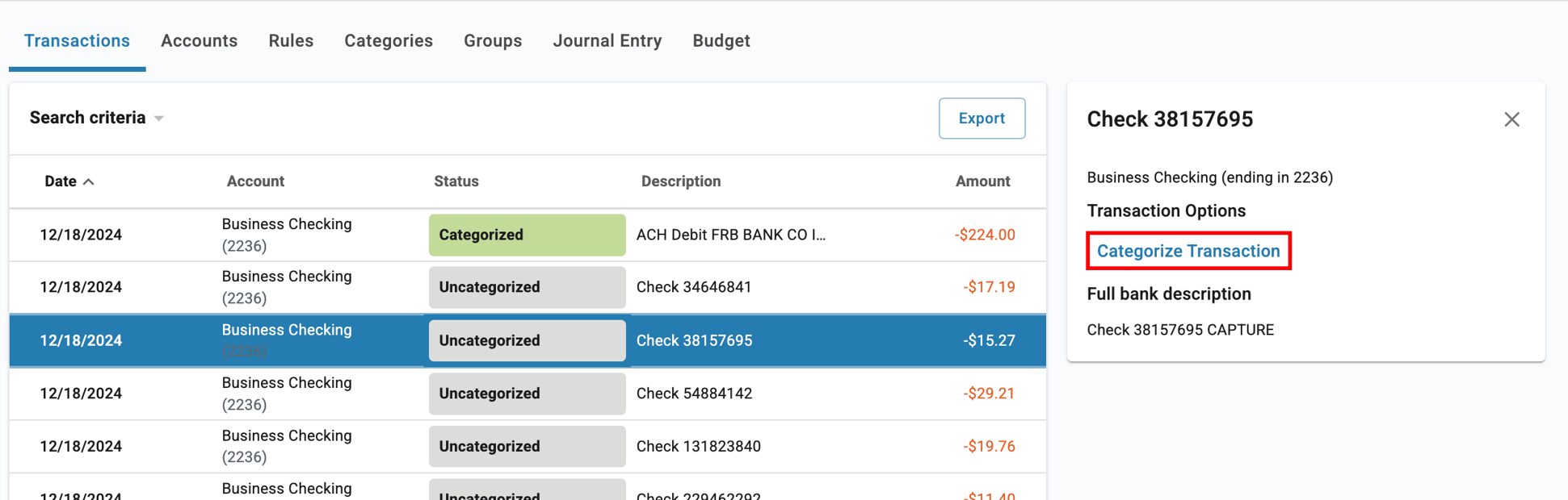 Categorizing an invoice deposit transaction
