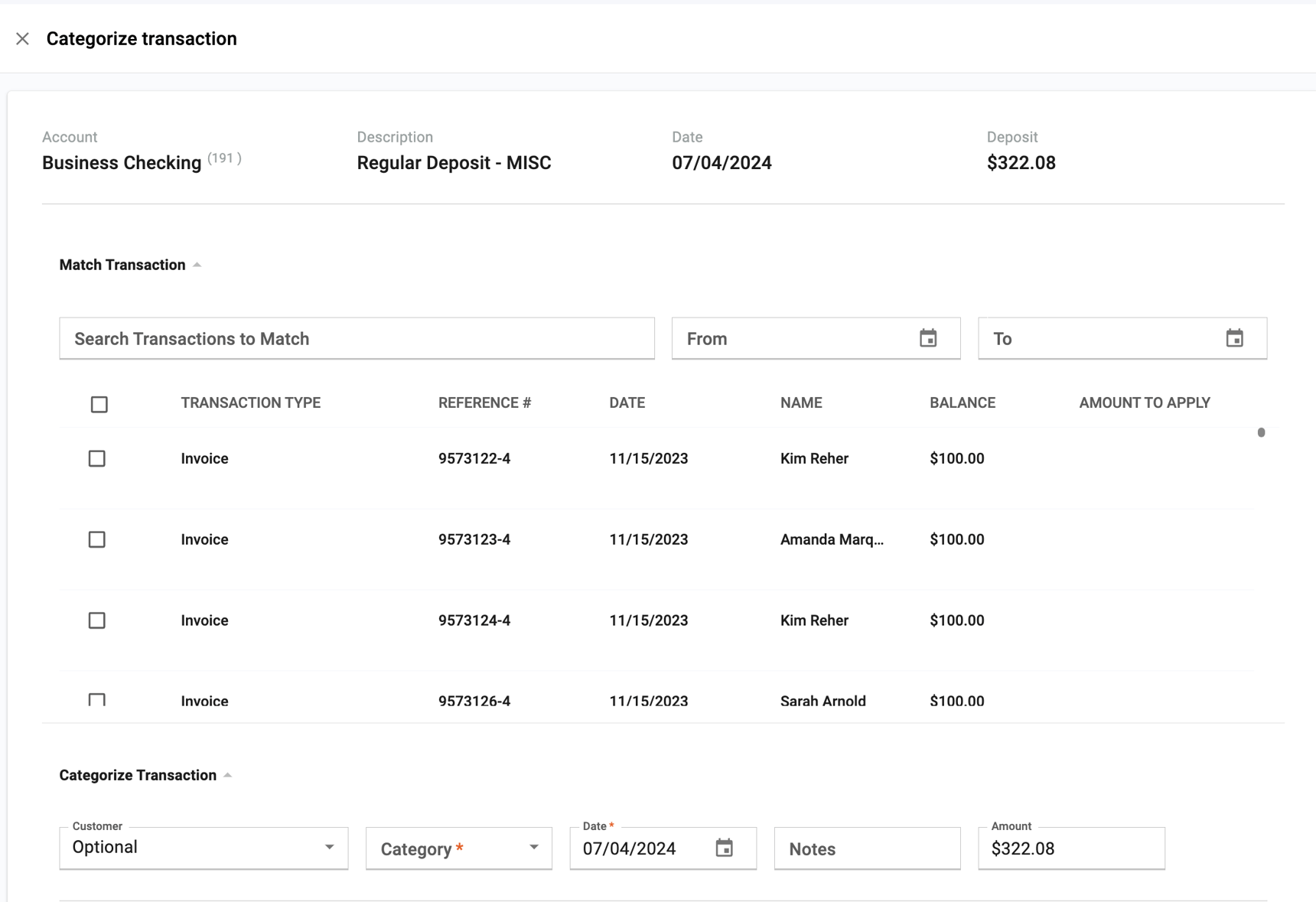 Categorizing an invoice deposit transaction
