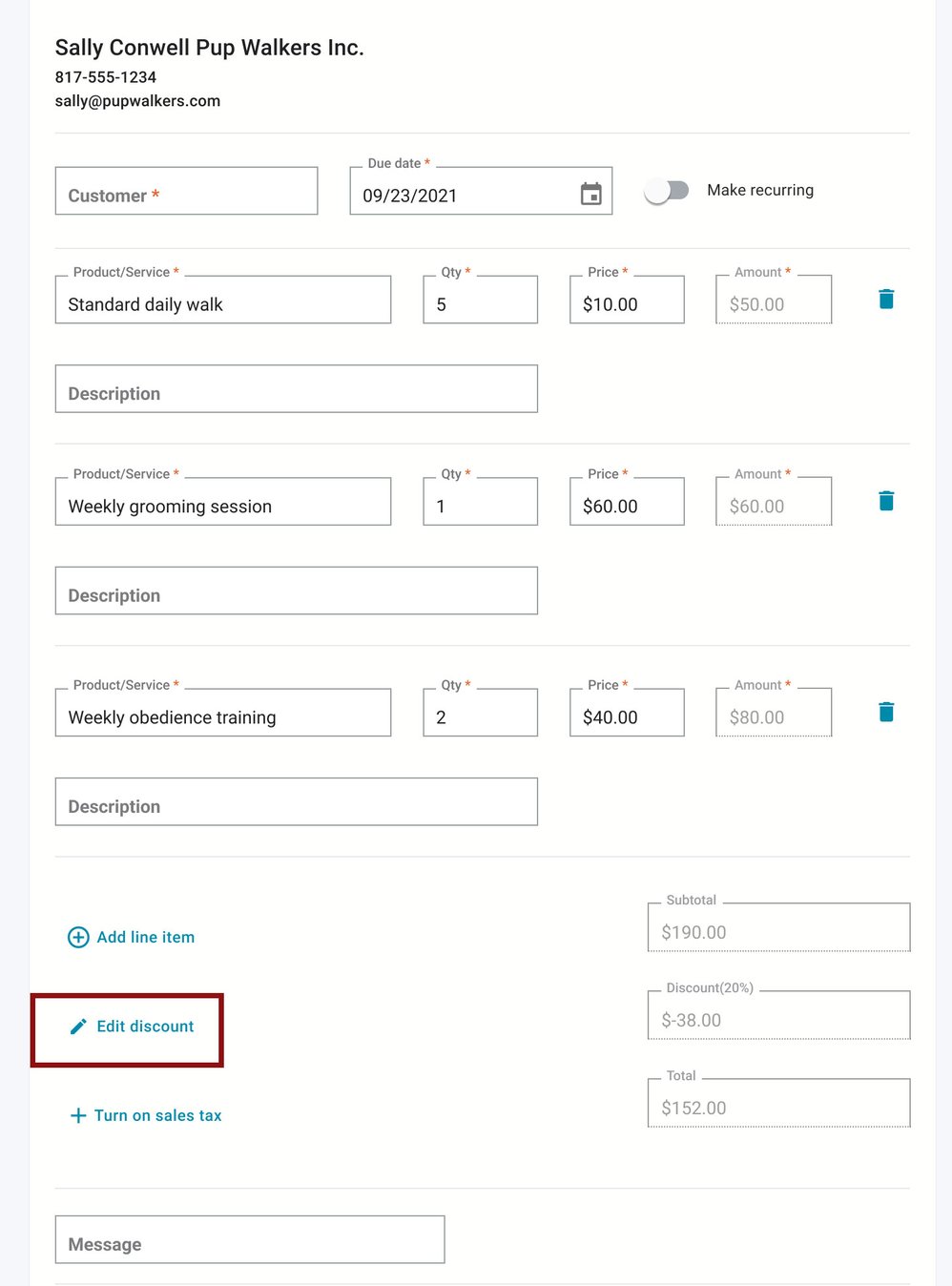 Add a discount or a credit to an invoice