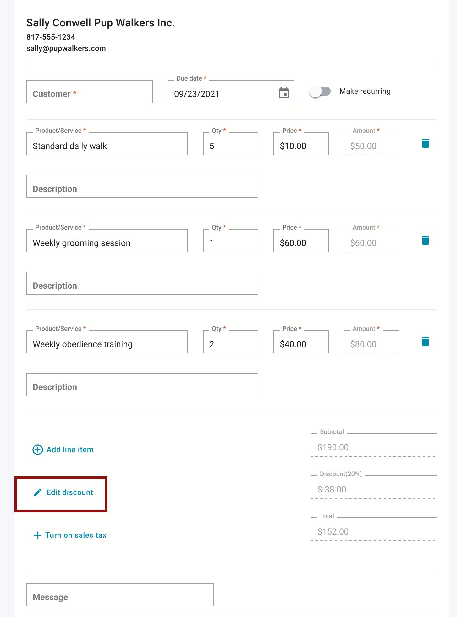 Add a discount or a credit to an invoice