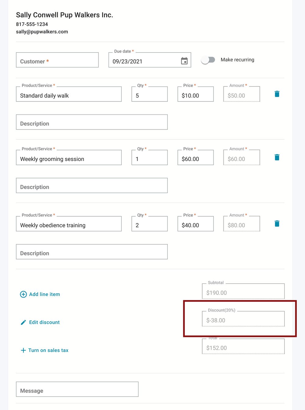 Add a discount or a credit to an invoice