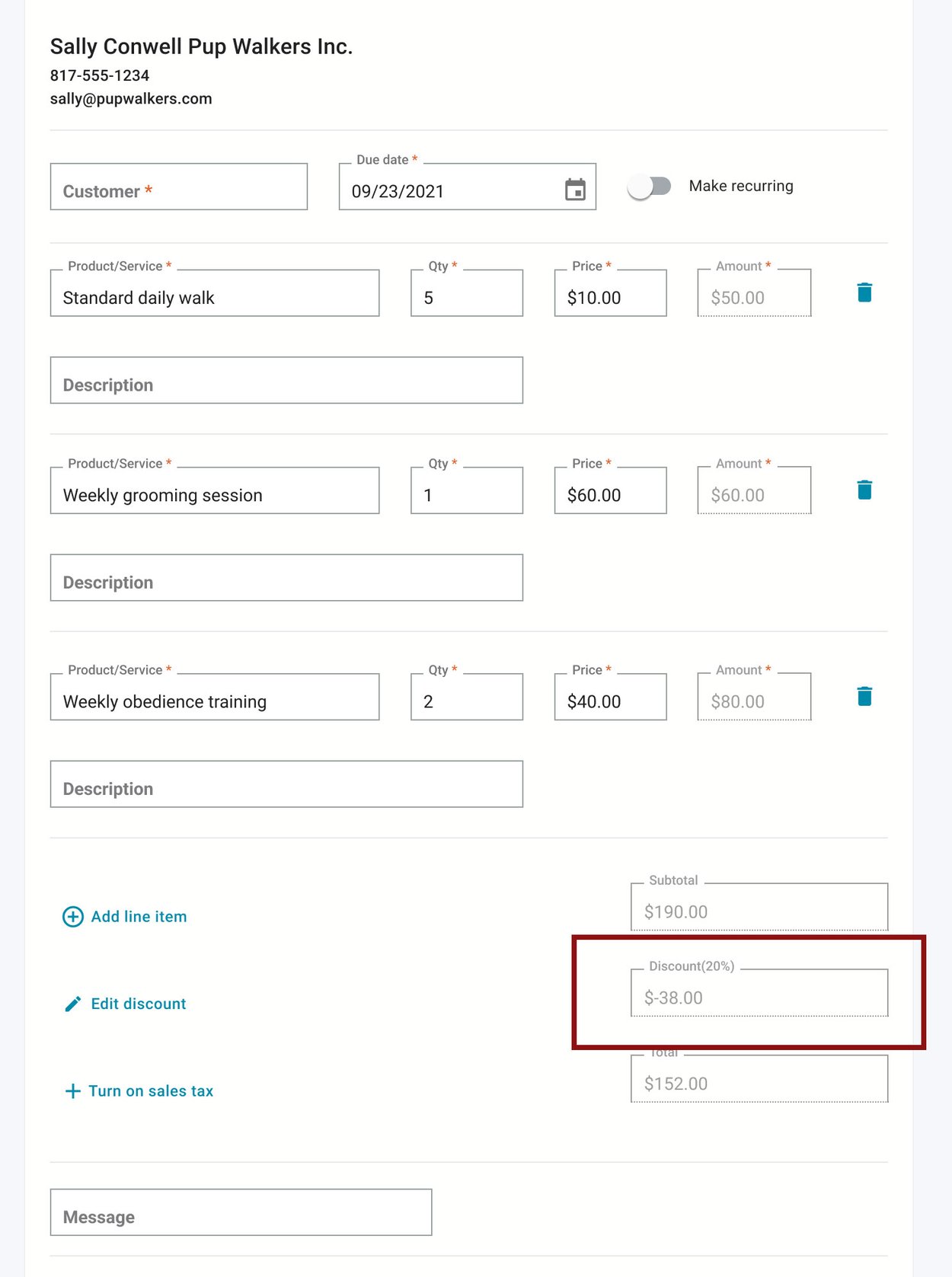 Add a discount or a credit to an invoice