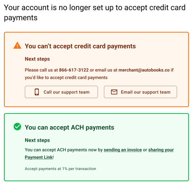 Reasons you may no longer be able to accept payments through Autobooks