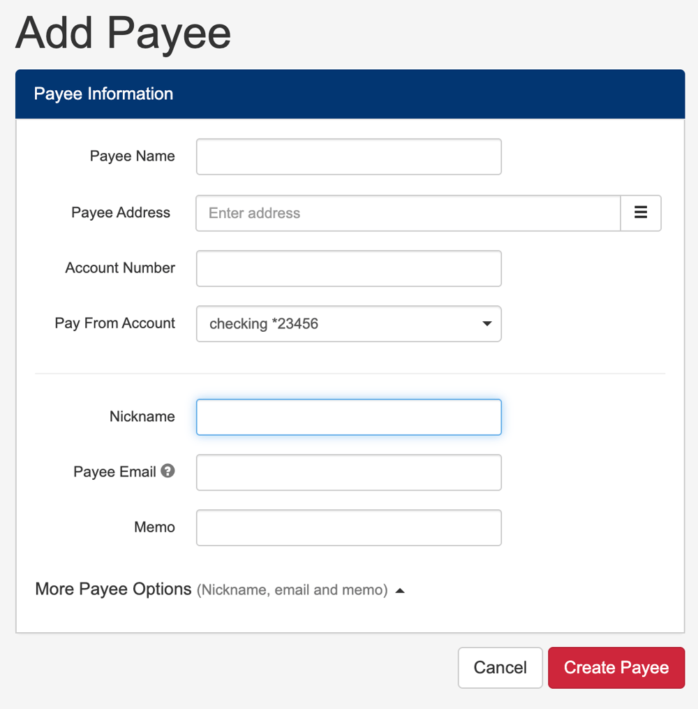 Creating a payee within Bill Pay
