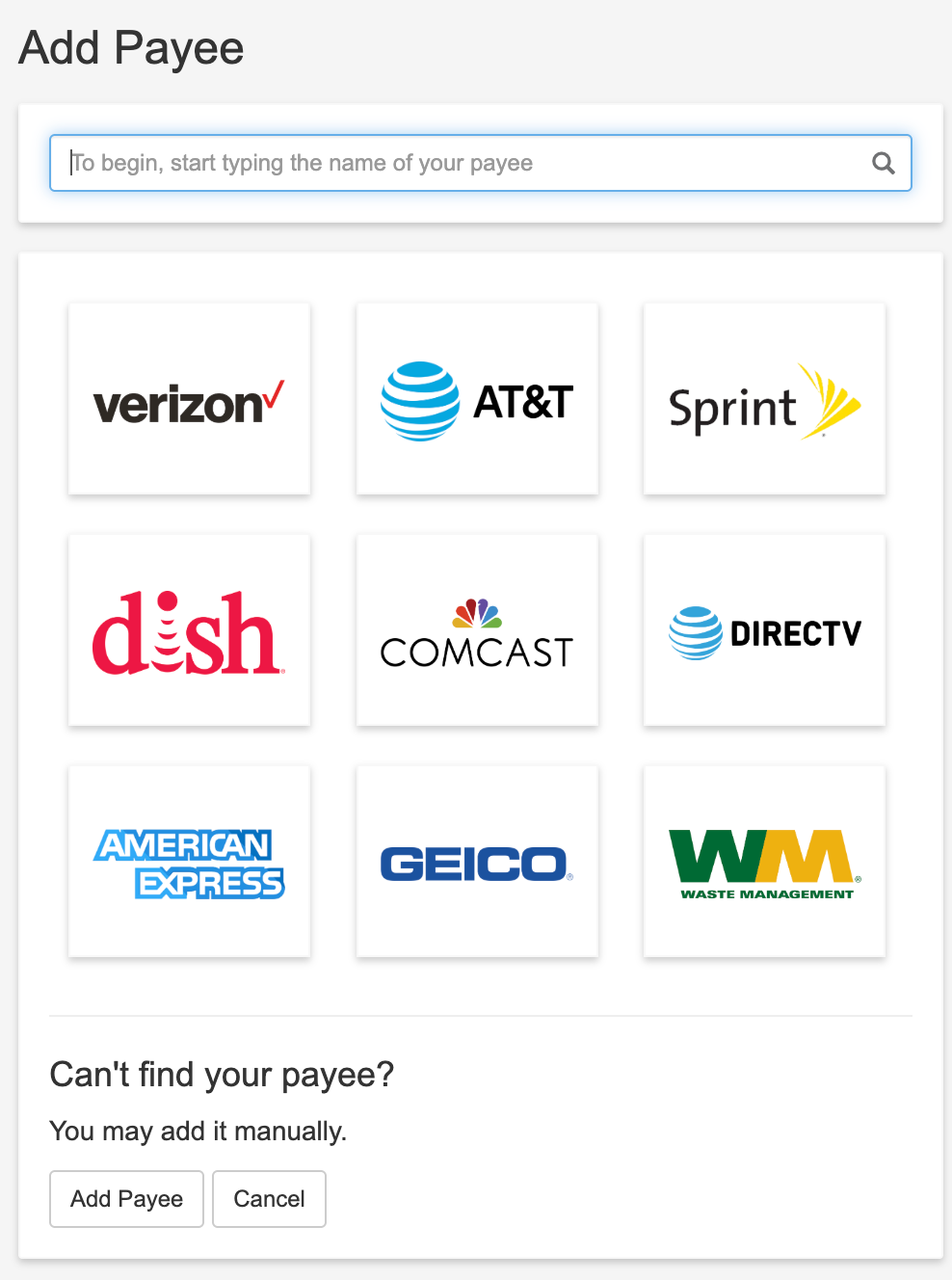 Creating a payee within Bill Pay