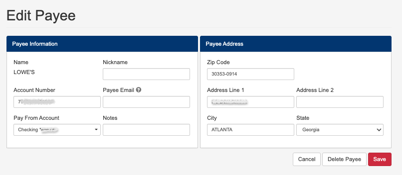 Editing or Deleting a payee within Bill Pay