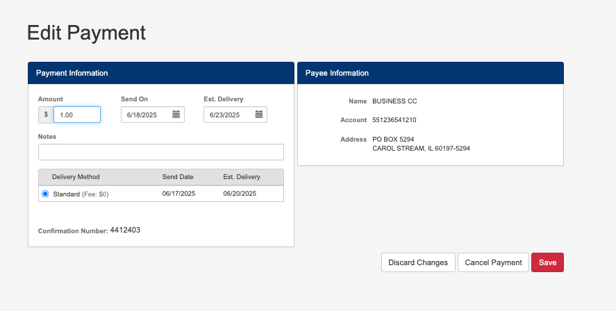 Editing or Canceling a payment in Bill Pay