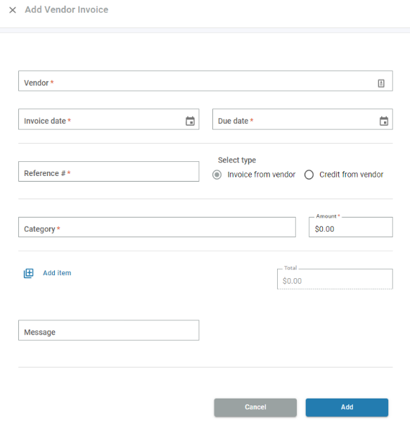 Create a new vendor invoice or vendor credit