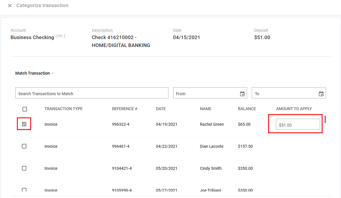 Reconcile a cash/check payment received to an outstanding invoice